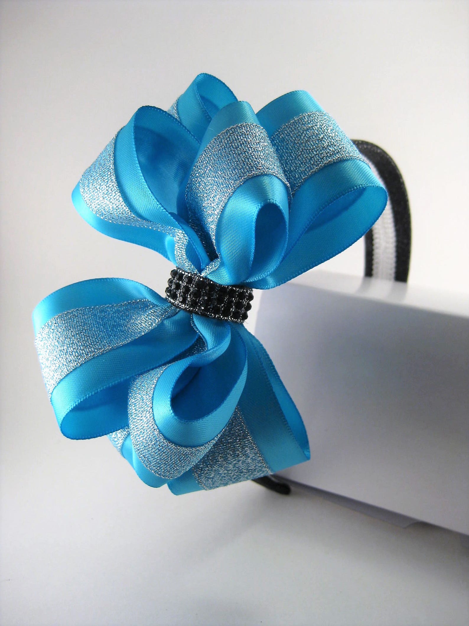 Glitzy Rhinestone Metallic Blue Layered Ribbon Hair Bow | Etsy