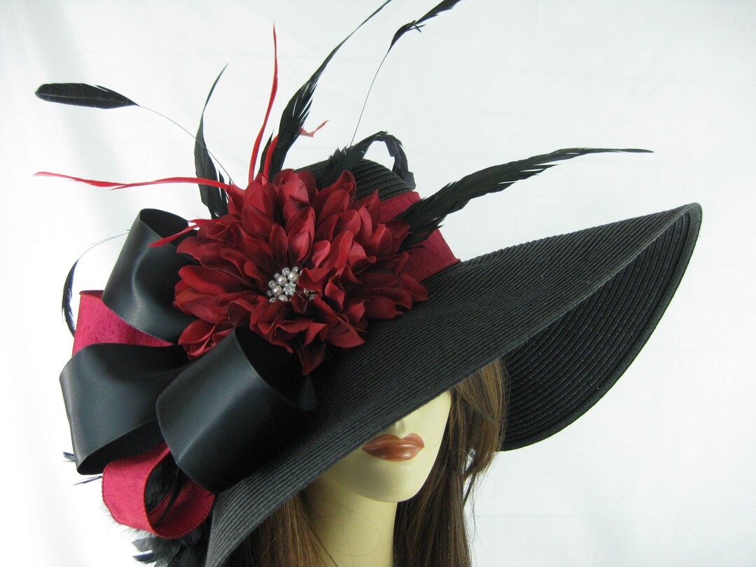 Black Dark Red Goth Jeweled Flower Women's Kentucky Derby Hat Wide Brim ...