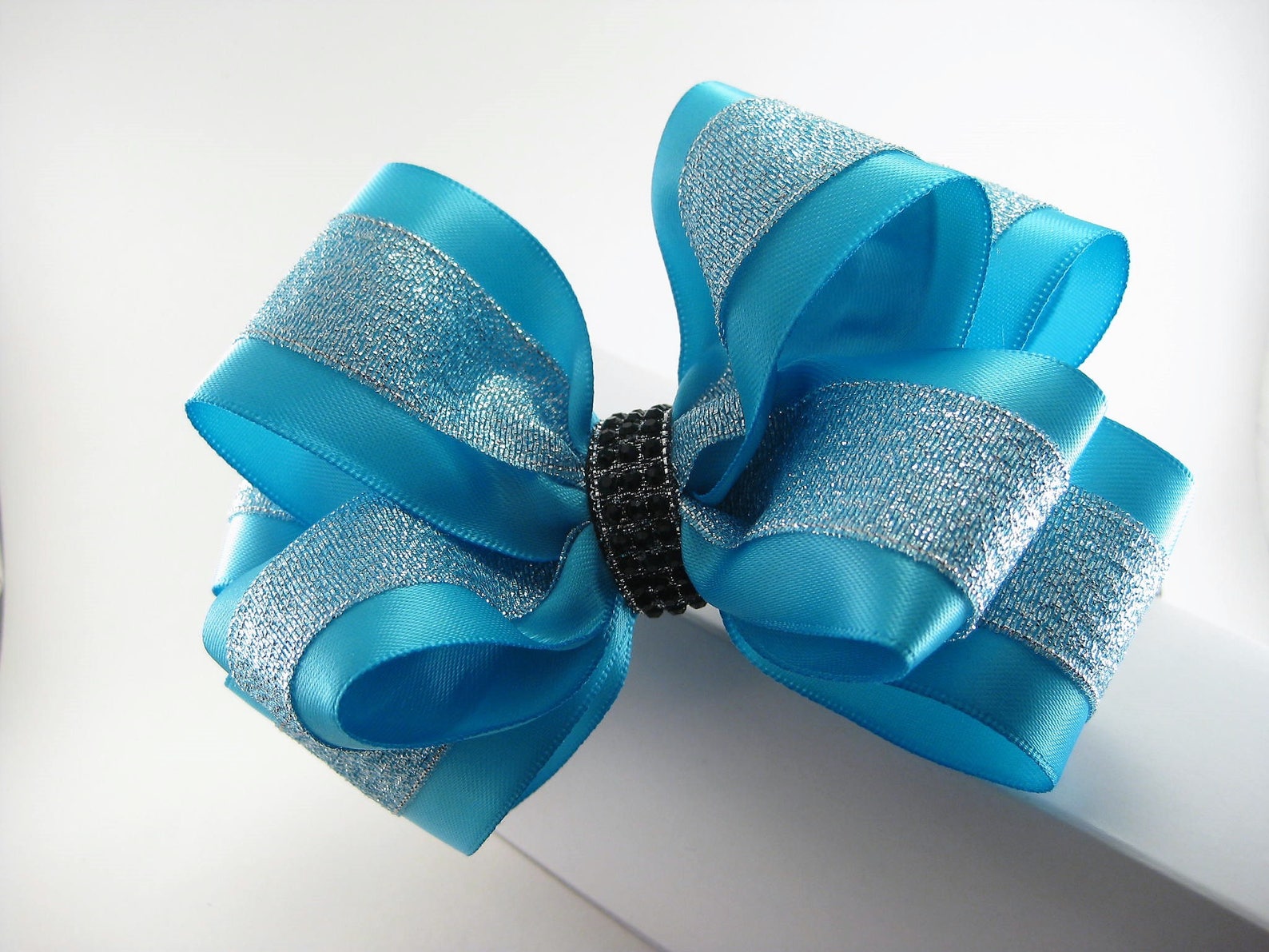 Glitzy Rhinestone Metallic Blue Layered Ribbon Hair Bow | Etsy