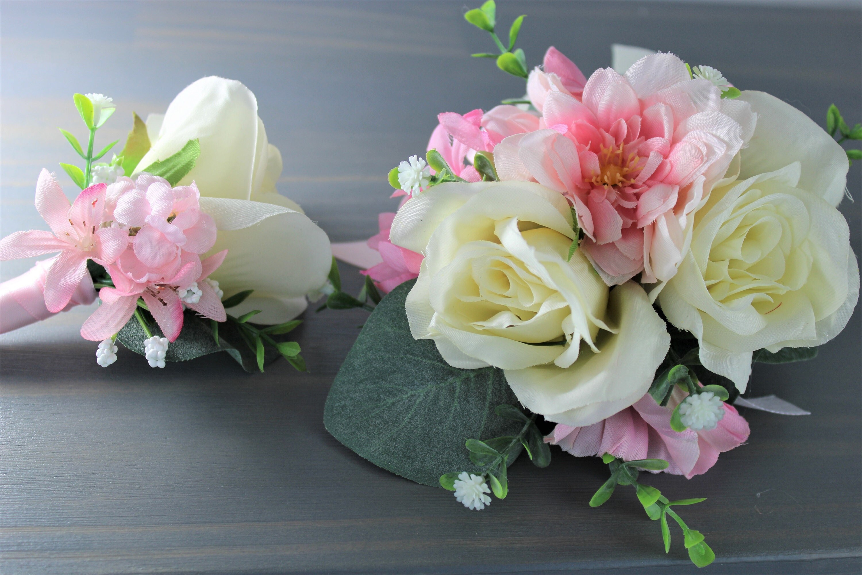 Eucalyptus Ivory Light Pink Wrist Corsage and Boutonniere Eucalyptus Ivory Light Pink Wrist Corsage and Boutonniere