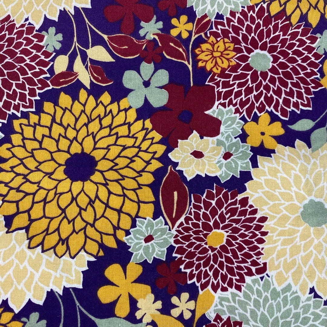 Gold Maroon Mum Floral Cotton Fabric - Autumn Starburst Flower Print on ...