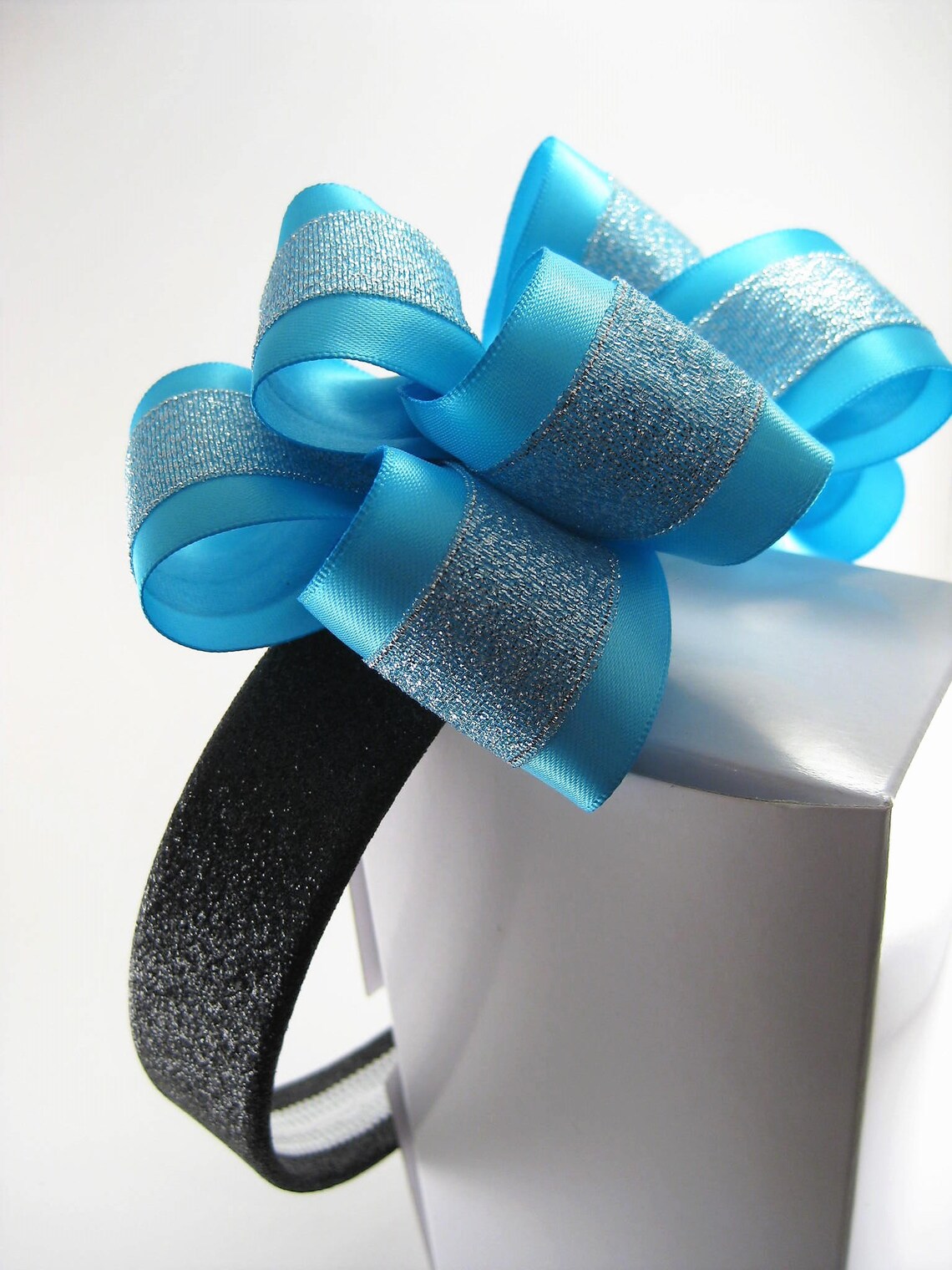 Glitzy Rhinestone Metallic Blue Layered Ribbon Hair Bow | Etsy