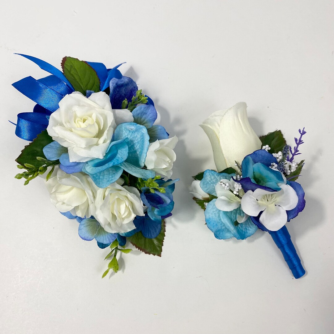 Royal Blue Cream Rose Corsage Boutonniere Set Wedding Prom Silk Flowers ...