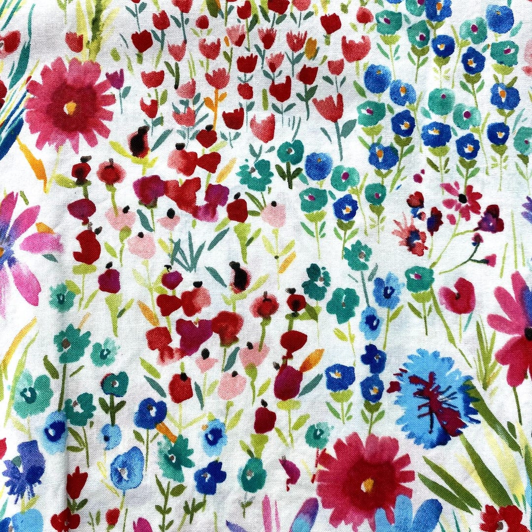 Watercolor Wild Flower Cotton Fabric - 3/4 Yard Multicolor on White ...