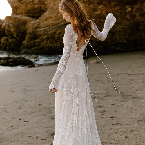 Long Sleeve Boho Wedding Dress Open Back Lace Boat Neck Etsy