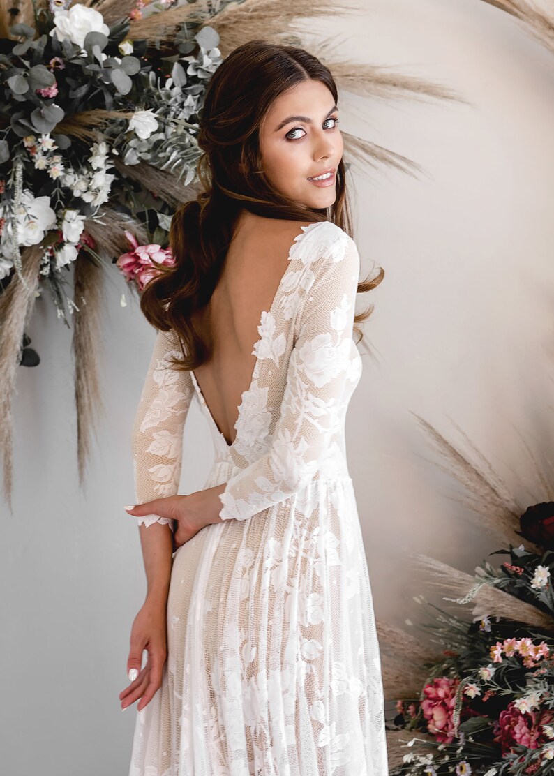 Long Sleeve Boho Wedding Dress Open Back Lace Boat Neck - Etsy