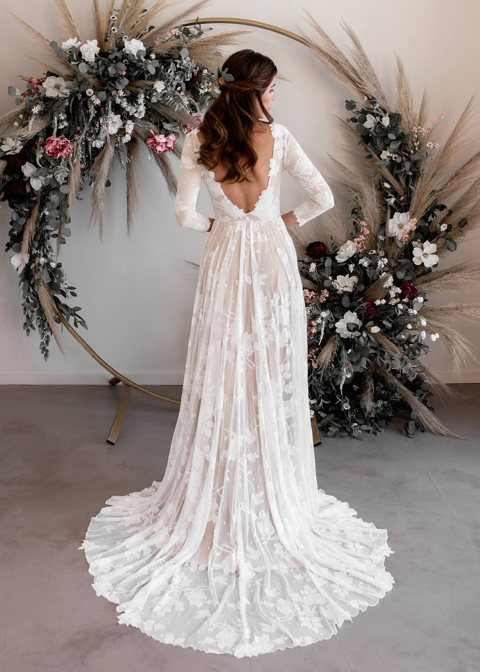 Long Sleeve Boho Wedding Dress Open Back Lace Boat Neck - Etsy