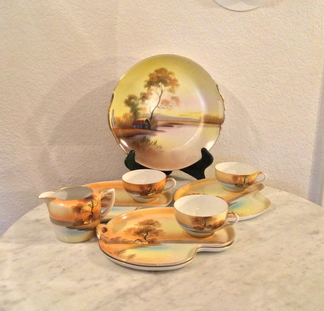 NORITAKE MORIMURA Porcelain 9 Pcs Snack Dish Set. Handpainted Lake ...