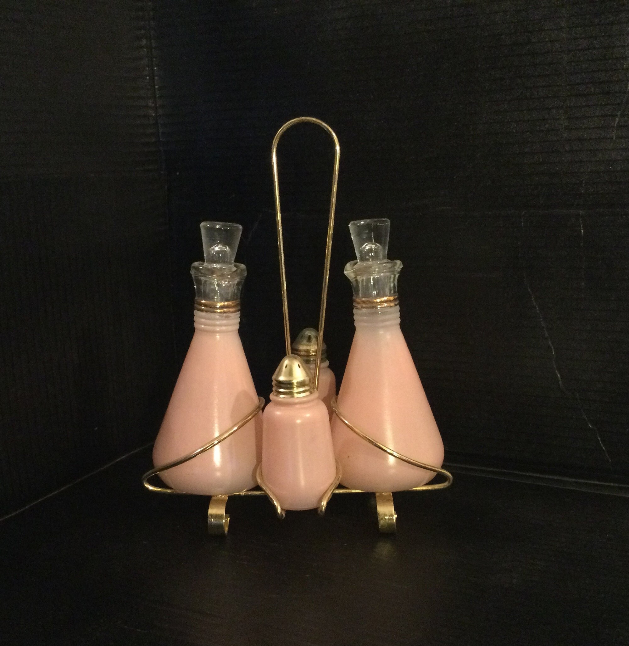 Vintage Beautiful HAZEL ATLAS Satin Pink Cruet Condiment 7 Pcs Set ...