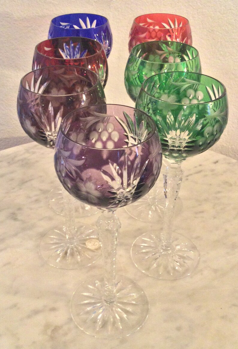 CRYSTAL CLEAR COLORED Bowl Cut to Clear 7 Hock Wine Glasses. Cut ...