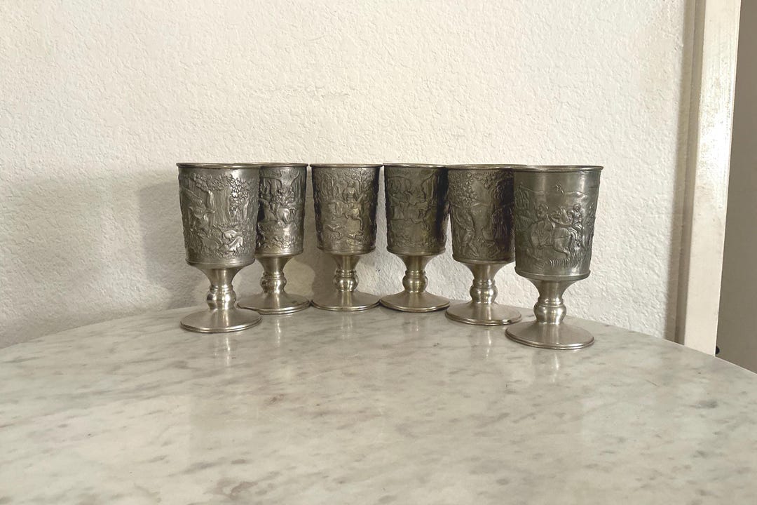GERMAN PEWTER GOBLETS Set of 6. Embossed Hunting Scenes Design on Body ...