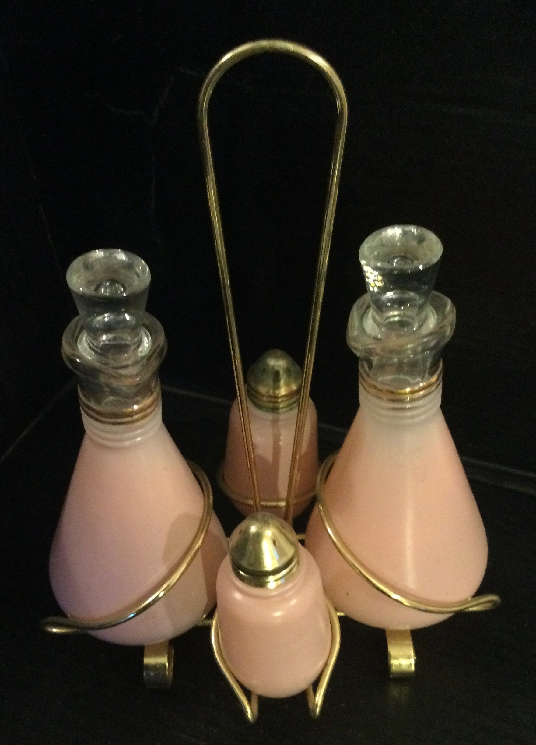 Vintage Beautiful HAZEL ATLAS Satin Pink Cruet Condiment 7 Pcs Set ...