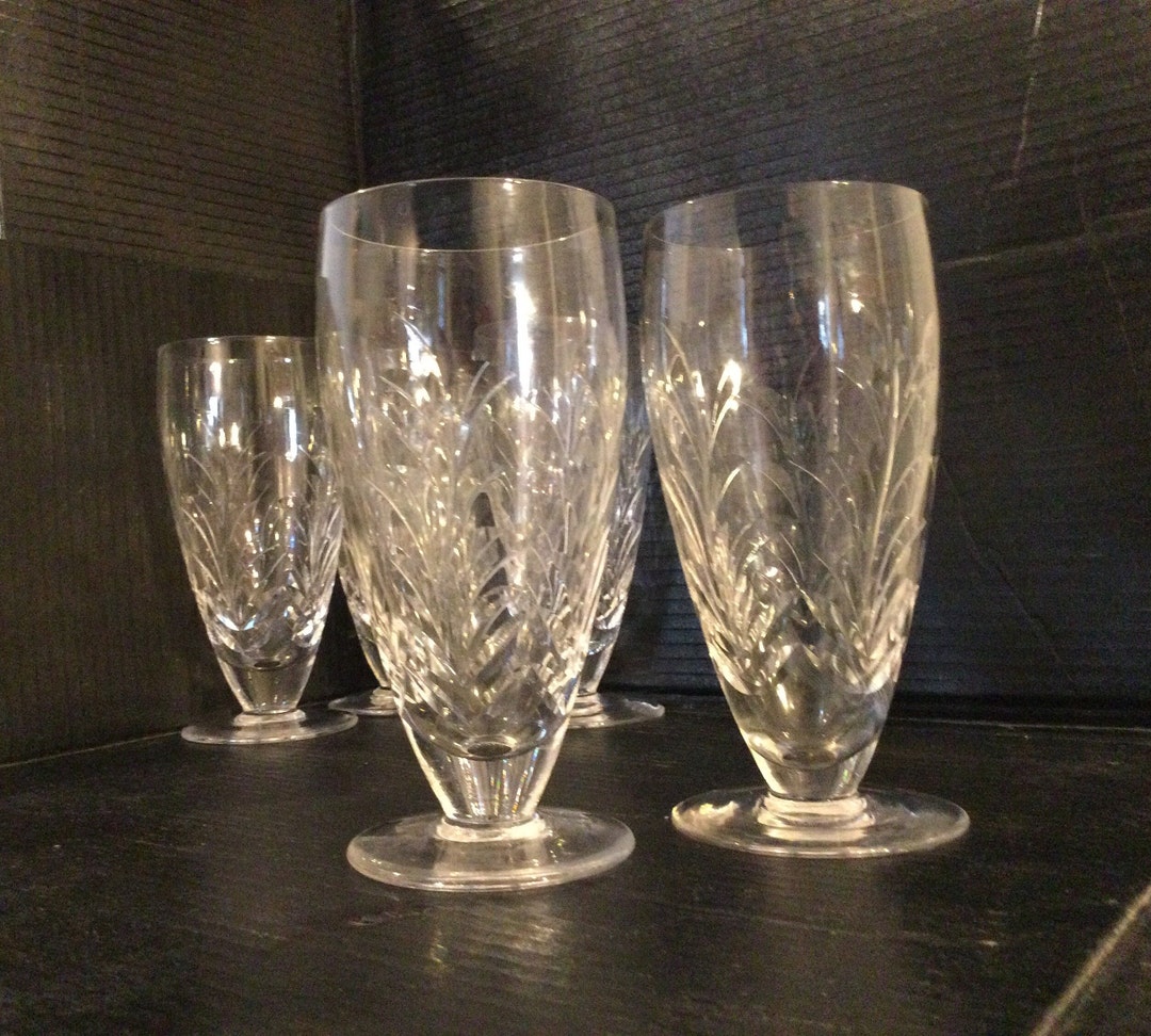 STUART CRYSTAL “ARAGON” Five (5) Iced Tea Glasses. Clear Cut Crystal ...