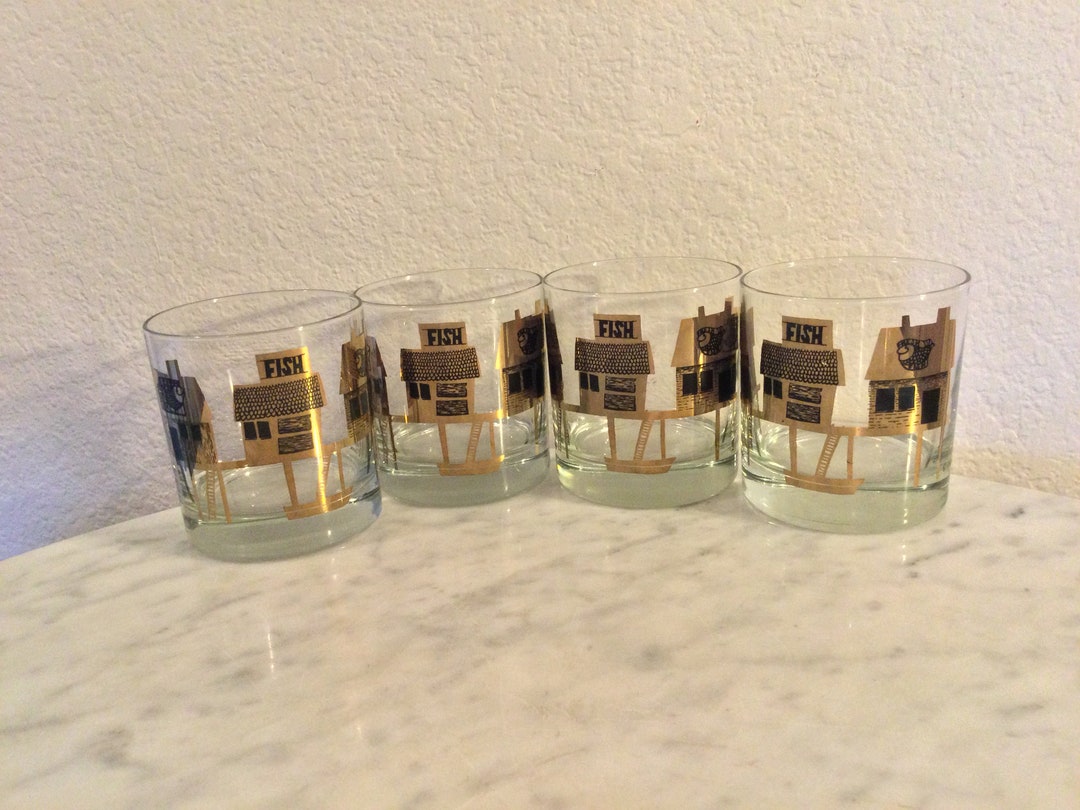 COUROC GLASS FISH Set of 4 Old Fashioned Glasses. Fish Houses in Gold ...