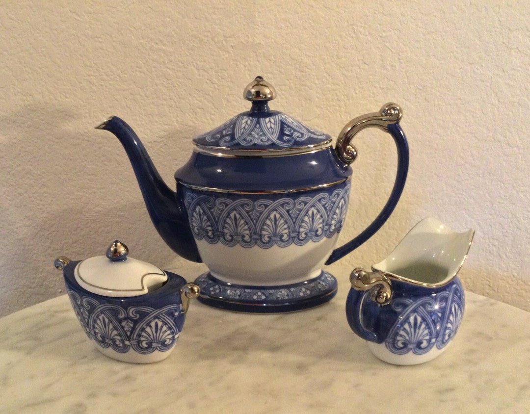 BOMBAY CHINA “TILE” 5 Pieces Set. Teapot and Lid, Sugar Bowl and Lid ...