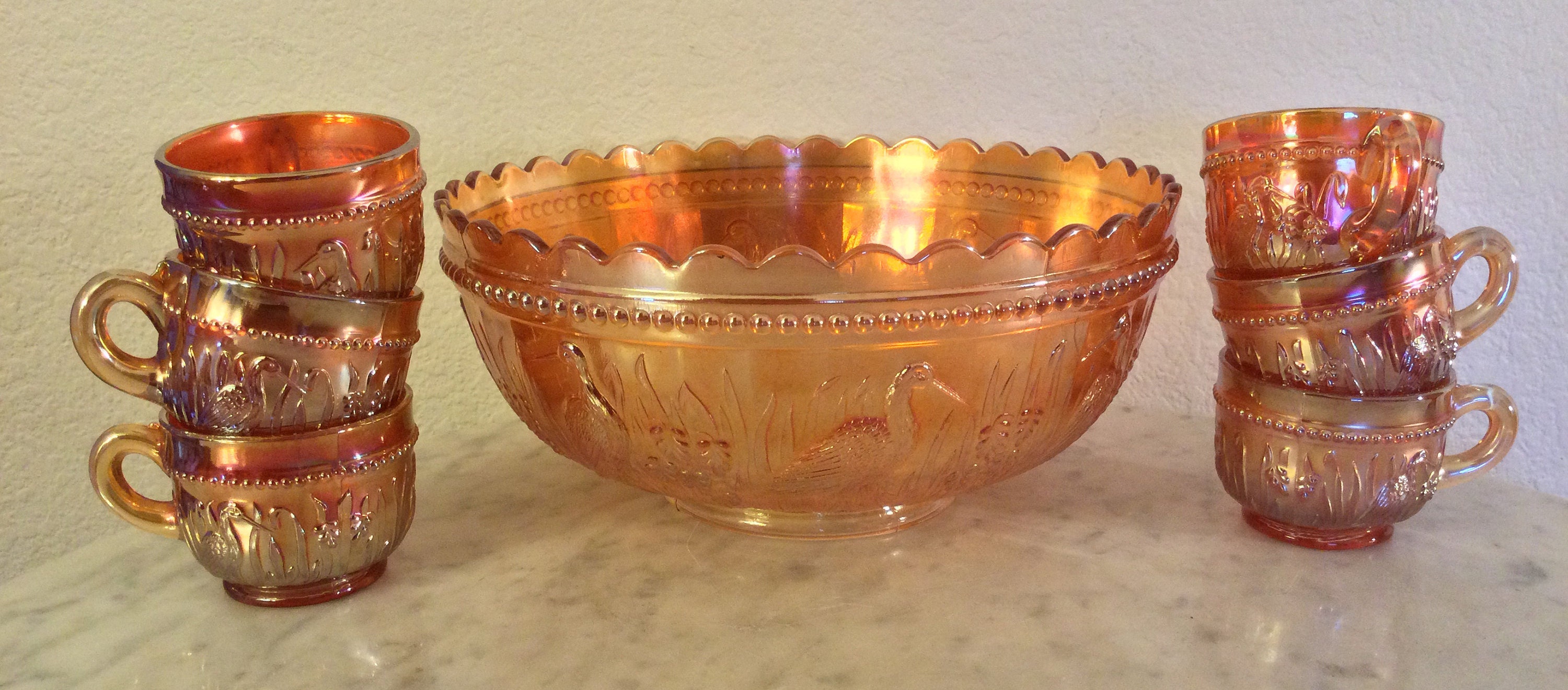 DUGAN Glass STORK and RUSHES Marigold Carnival Glass 7 Pcs Set.punch ...