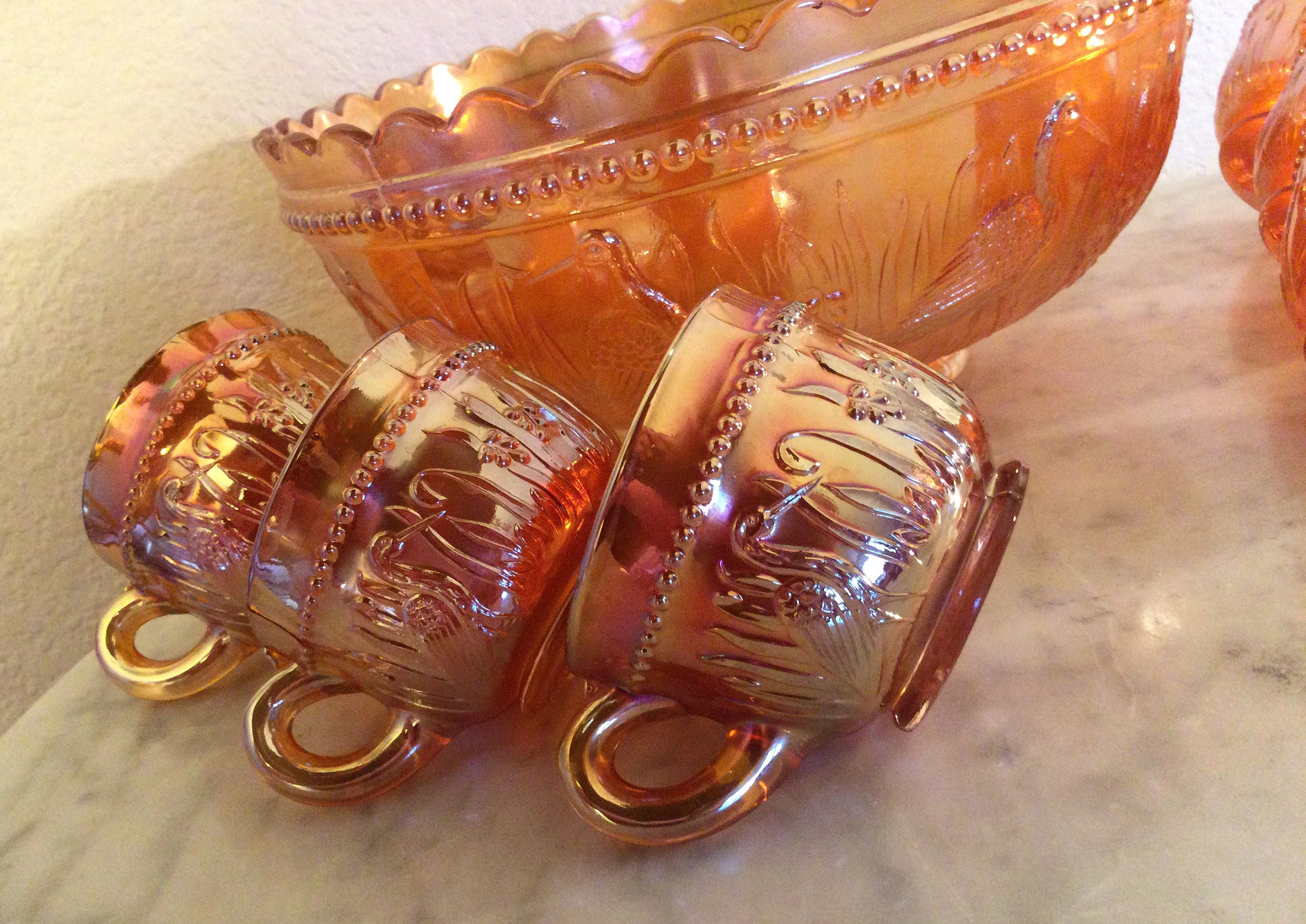 DUGAN Glass STORK and RUSHES Marigold Carnival Glass 7 Pcs Set.punch ...