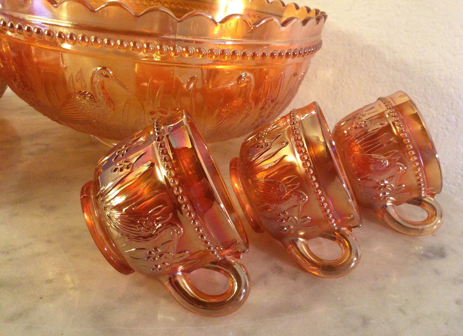 DUGAN Glass STORK and RUSHES Marigold Carnival Glass 7 Pcs Set.punch ...