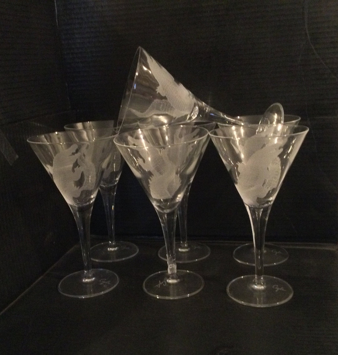 Vintage PERRY COYLE Crystal “ALLIGATOR” Set of 7 Martini Glasses ...