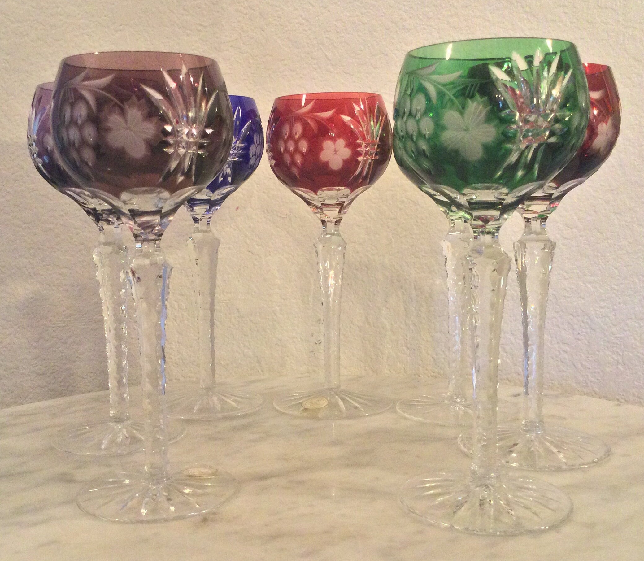 CRYSTAL CLEAR COLORED Bowl Cut to Clear 7 Hock Wine Glasses. Cut ...