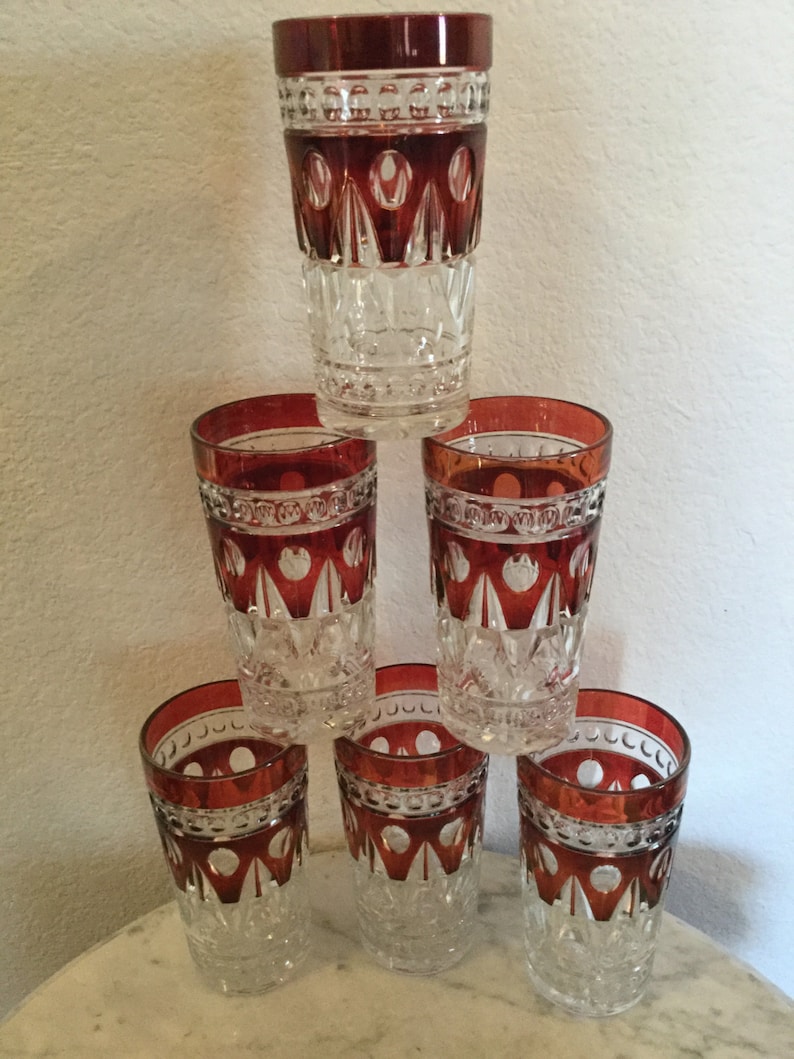 Vintage Indiana Glass Clear, Ruby Stained, Flashed, Thumbprint Set of ...