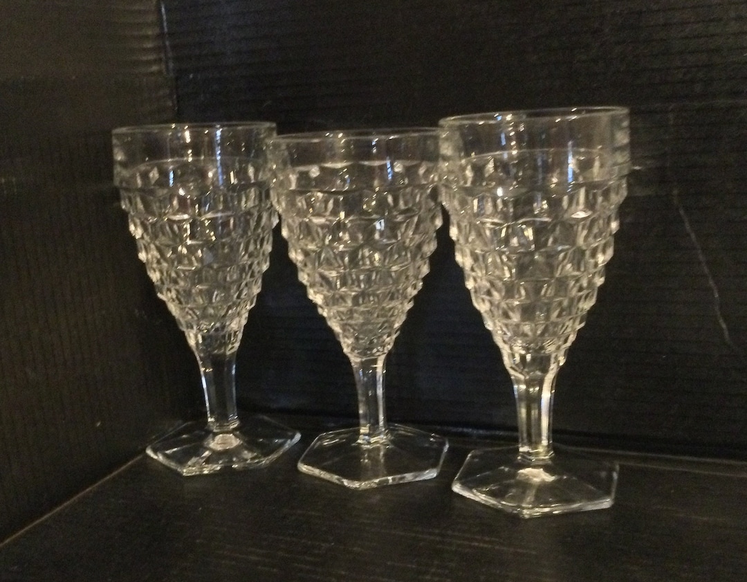 FOSTORIA Glass “AMERICAN CLEAR” Set of Three (3) Water Goblets. Cube ...