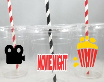 Personalized Movie Themed Party Cups With Striped Straws and Lids ...