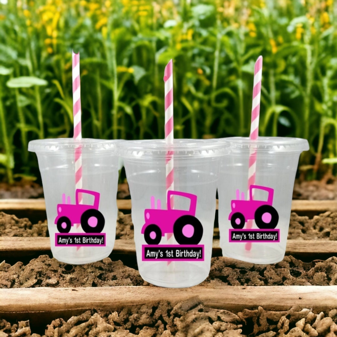Personalized Pink Tractor Themed Party Cups With Straws and Lids! - Etsy