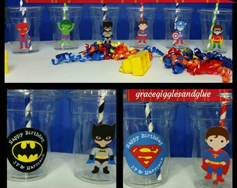 Personalized Superhero Themed Party Cups With Lids and Straws | Etsy