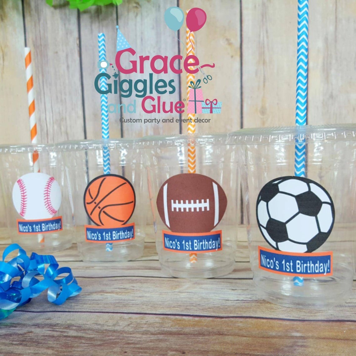 Personalized Sports Themed Themed Party Cups With Straws and Lids - Etsy