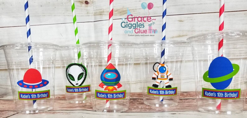 Personalized Rocket/galaxy Themed Party Cups With Lids and - Etsy