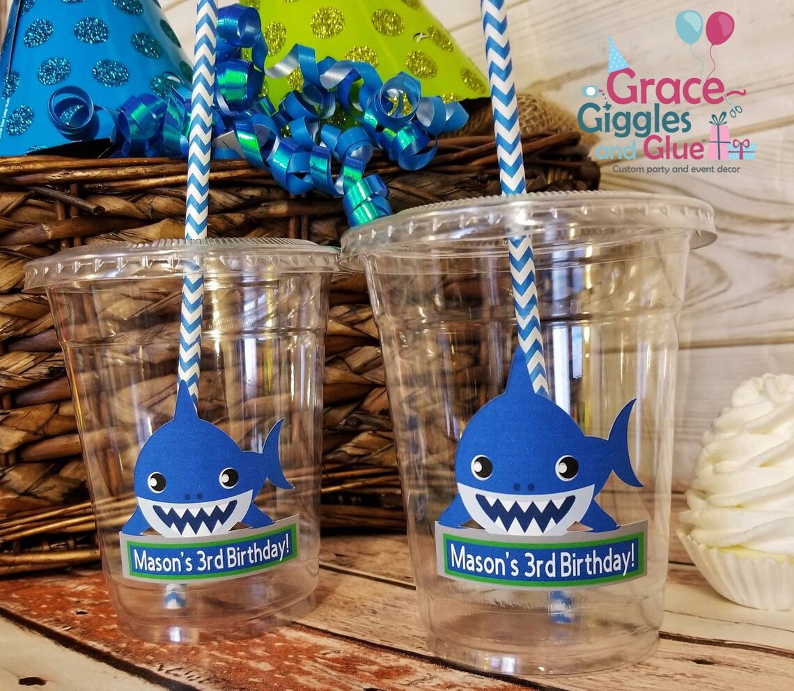 Personalized Shark Themed Party Cups With Lids and Straws! - Etsy
