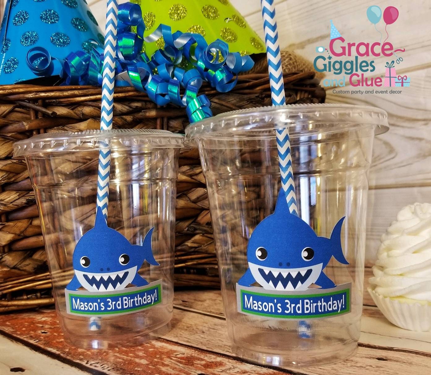 Personalized Shark Themed Party Cups With Lids and Straws! - Etsy