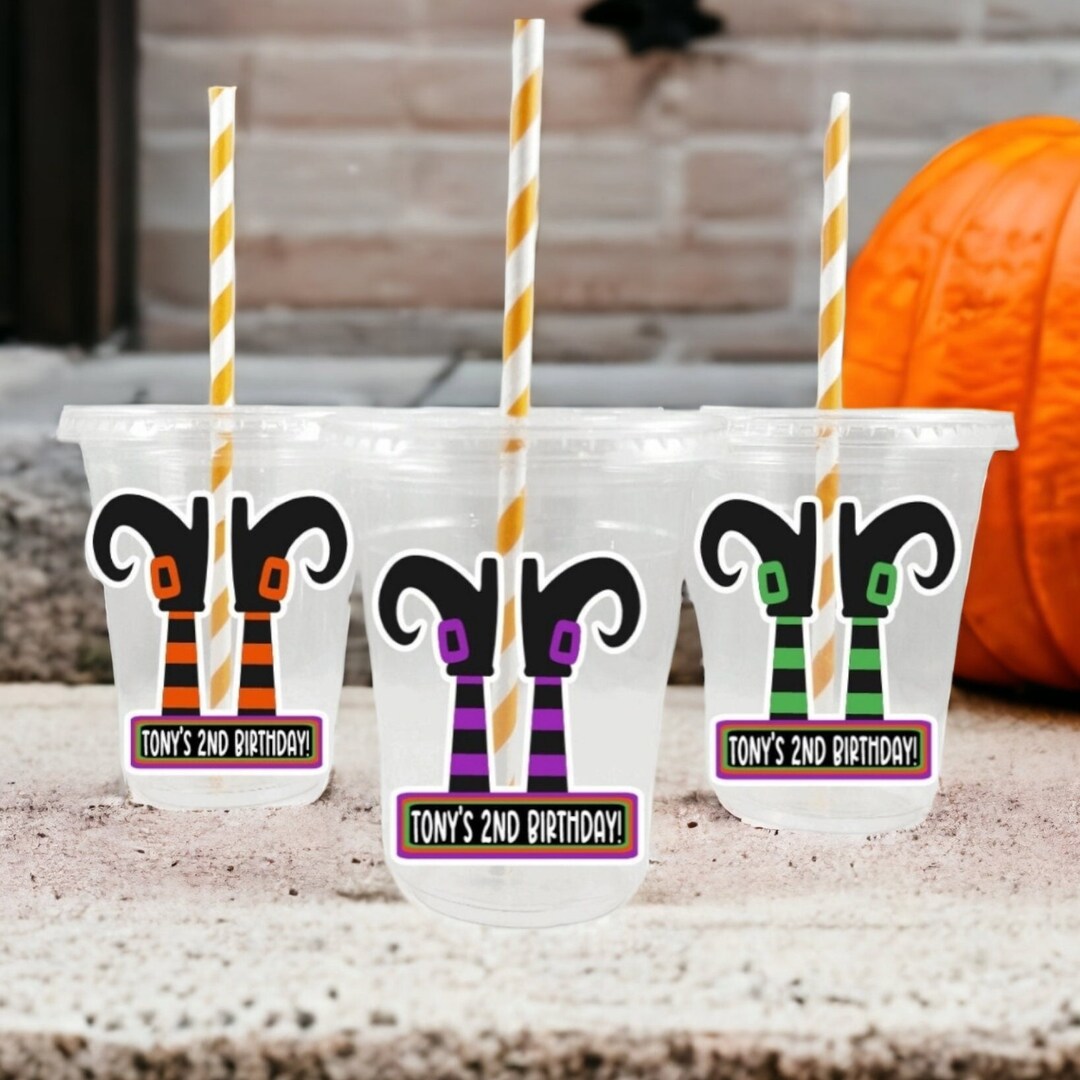 Personalized Witch Themed Party Cups With Striped Straws and Lids ...