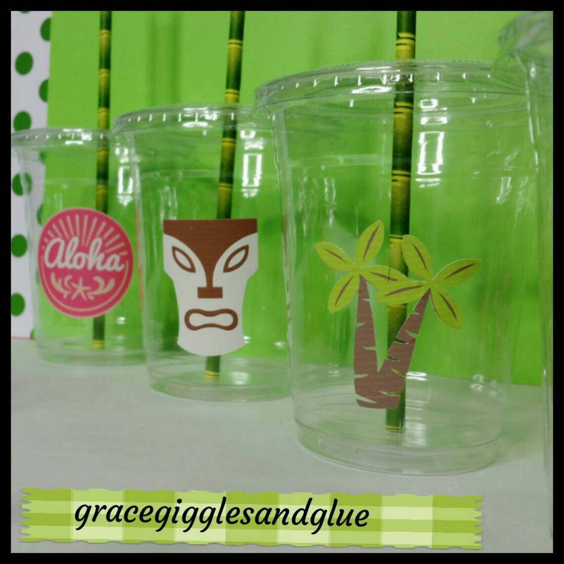 Luau/hawaiian Themed Party Cups With Lids and Bamboo Striped Straws ...