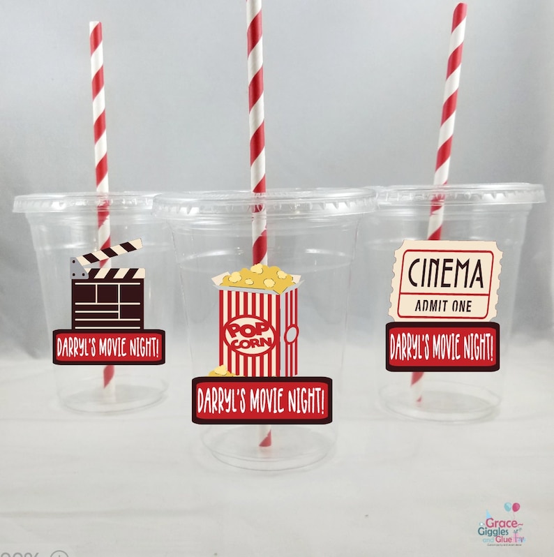 Personalized Movie Themed Party Cups With Striped Straws and Lids ...