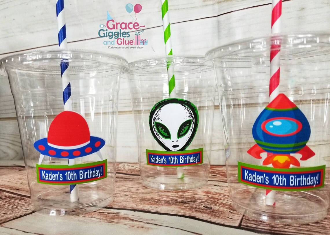 Personalized Rocket/galaxy Themed Party Cups With Lids and - Etsy