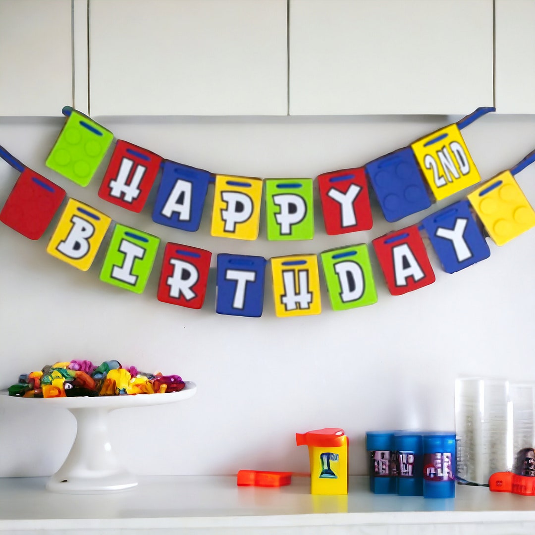 Building Block Happy Birthday Banner, Building Block Name Banner - Etsy