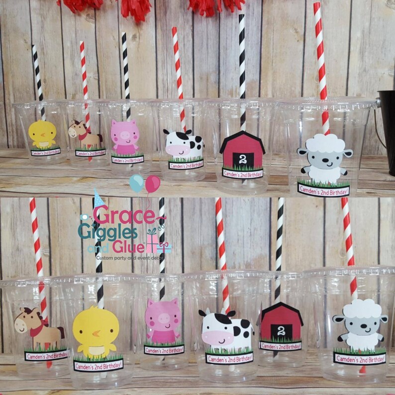 Personalized Farm Animal Themed Party Cups With Straws and Lids - Etsy