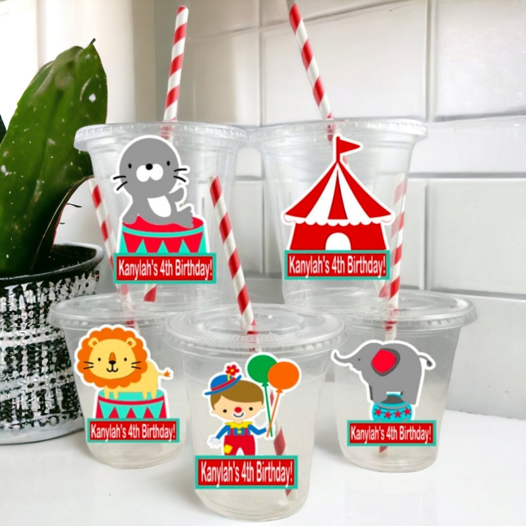 Personalized Circus Themed Party Cups With Lids and Striped Straws ...