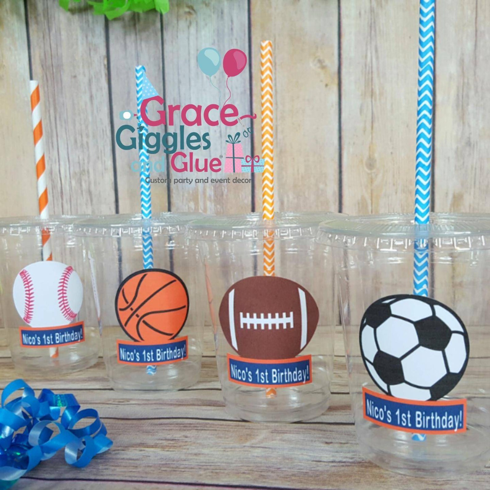 Personalized Sports Themed Themed Party Cups With Straws and Lids - Etsy