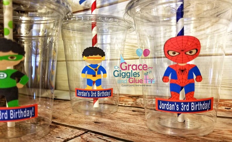 Personalized Superhero Themed Party Cups With Lids and Straws | Etsy