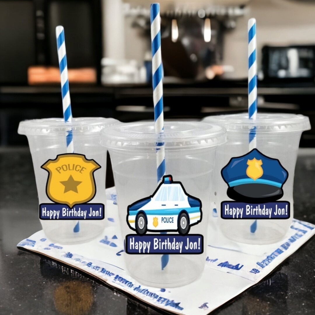 Personalized Police Party Themed Party Cups With Striped Straws and ...