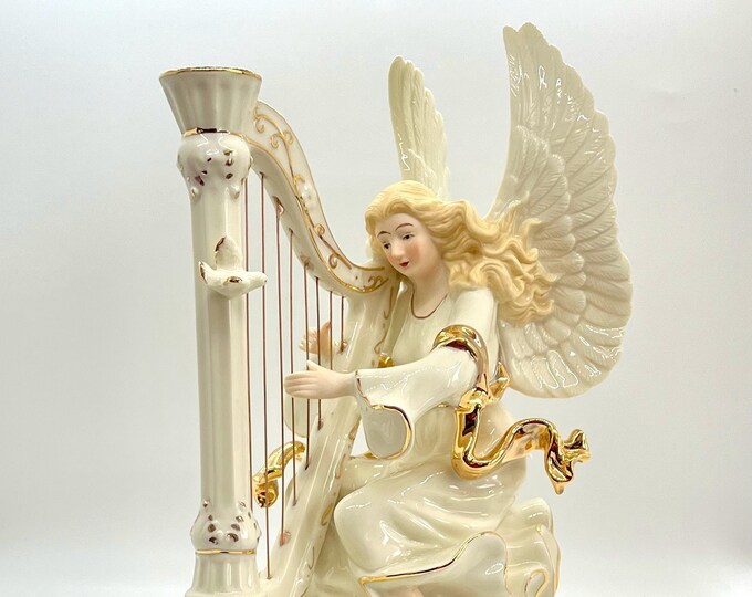 Fine Porcelain Musical Angel Figurine - Playing a Harp - Plays O' Come ...