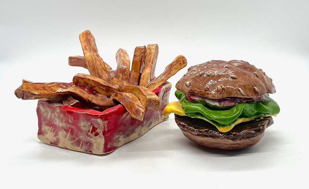 Handcrafted Clay Burger & Fries Sculpture 2 Pieces Loaded Cheeseburger ...