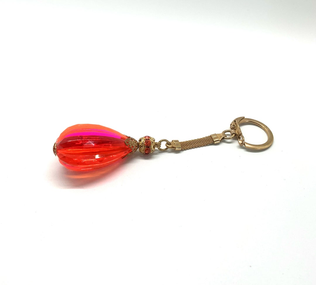 Reddish Orange Prism Key Chain Golden Filigree and Bead Accents Braided ...