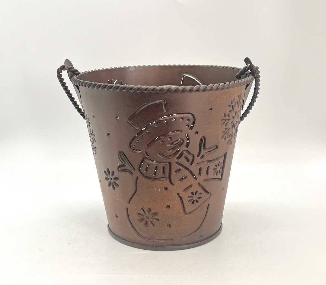 Snowman/snowflakes Metal Bucket Deep Brown Etchings Have Light Holes ...