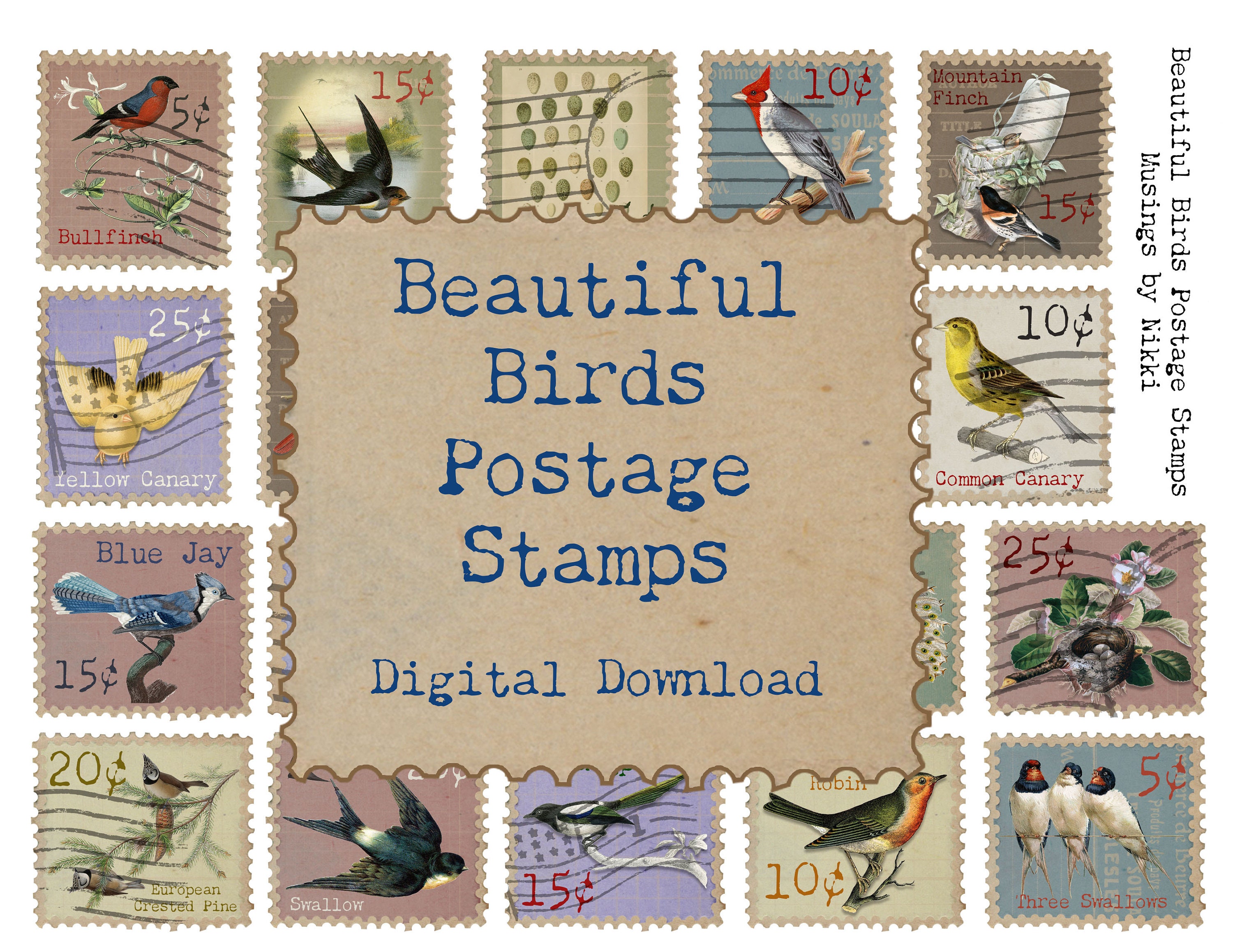 Beautiful Birds Postage Stamps Digital Junk Journal | Etsy