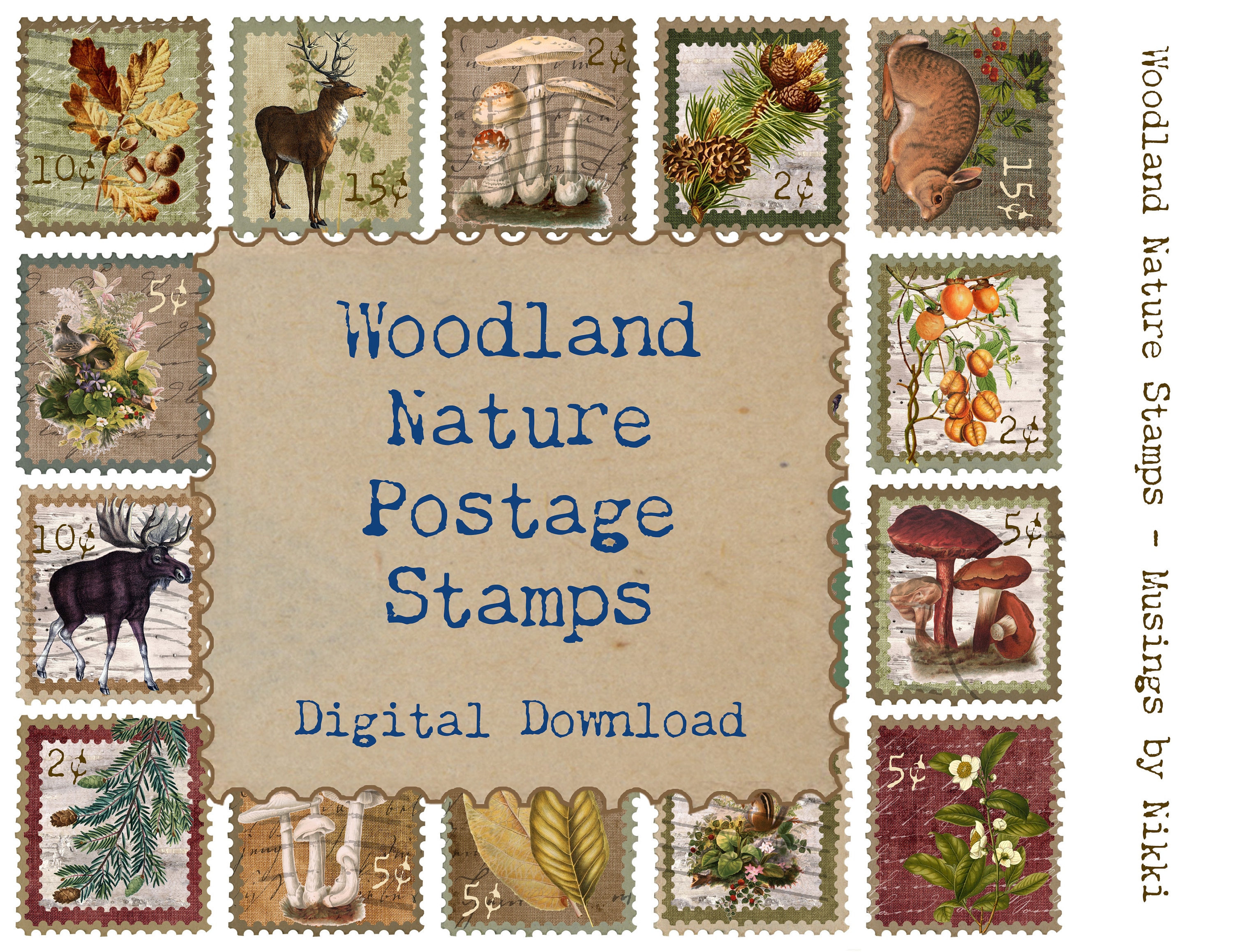Woodland Nature Postage Stamps Digital Natural Animals - Etsy Norway