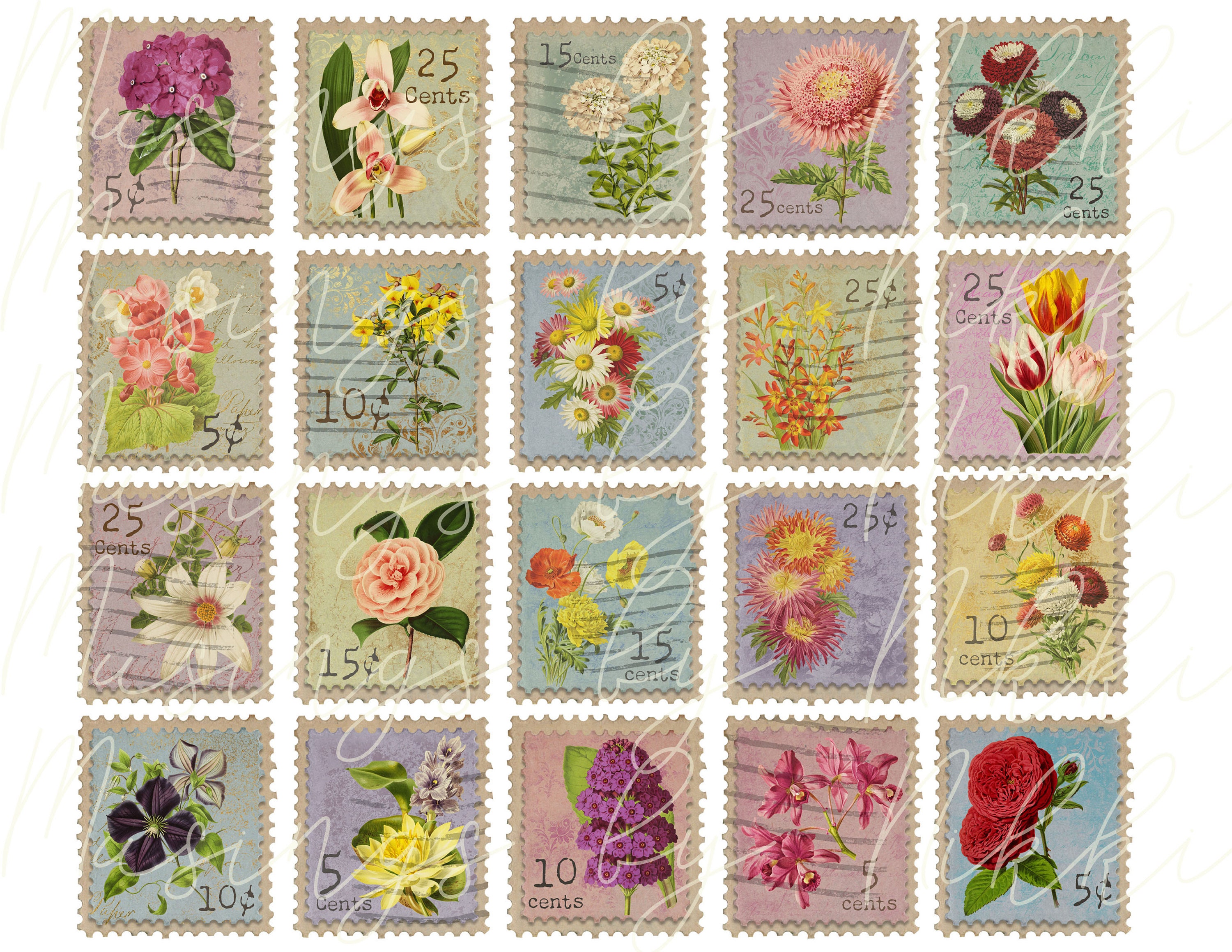 Cheerful Flowers Postage Stamps - Digital, Junk Journal, Ephemera - Etsy